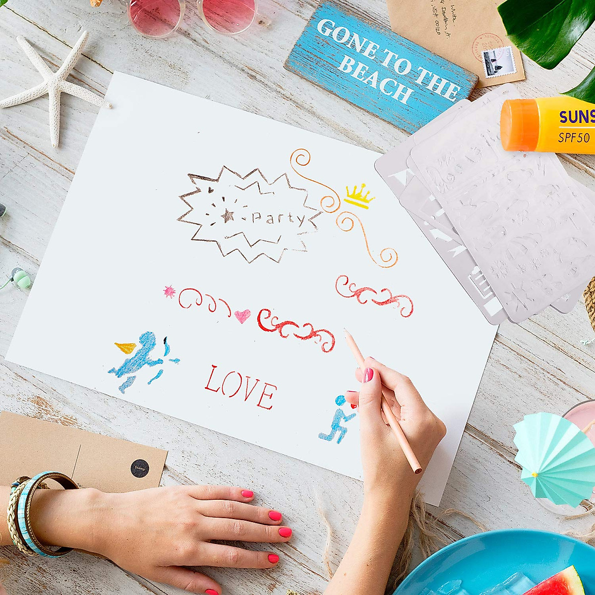 48 Pieces Journal Planner Stencils Plastic Bullet Stencil with A6 File Bag, Steel Ruler and 2 Pieces Metal Key Rings for Notebook, Diary, Scrapbook and DIY Drawing Template, Total 52 Pieces