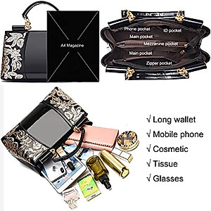 XingChen Shiny Patent Women PU Leather Handbags Embroidery Shoulder Bags Fashion Satchel Purses Top Handle Bags(Black)