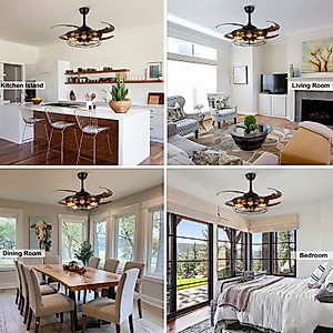 APBEAMLighting 48 Inches Retractable Ceiling Fan Industrial Caged Ceiling Fan Reversible Blades Black Farmhouse Ceiling Fan with Lights and Remote Control for Living Dining Room