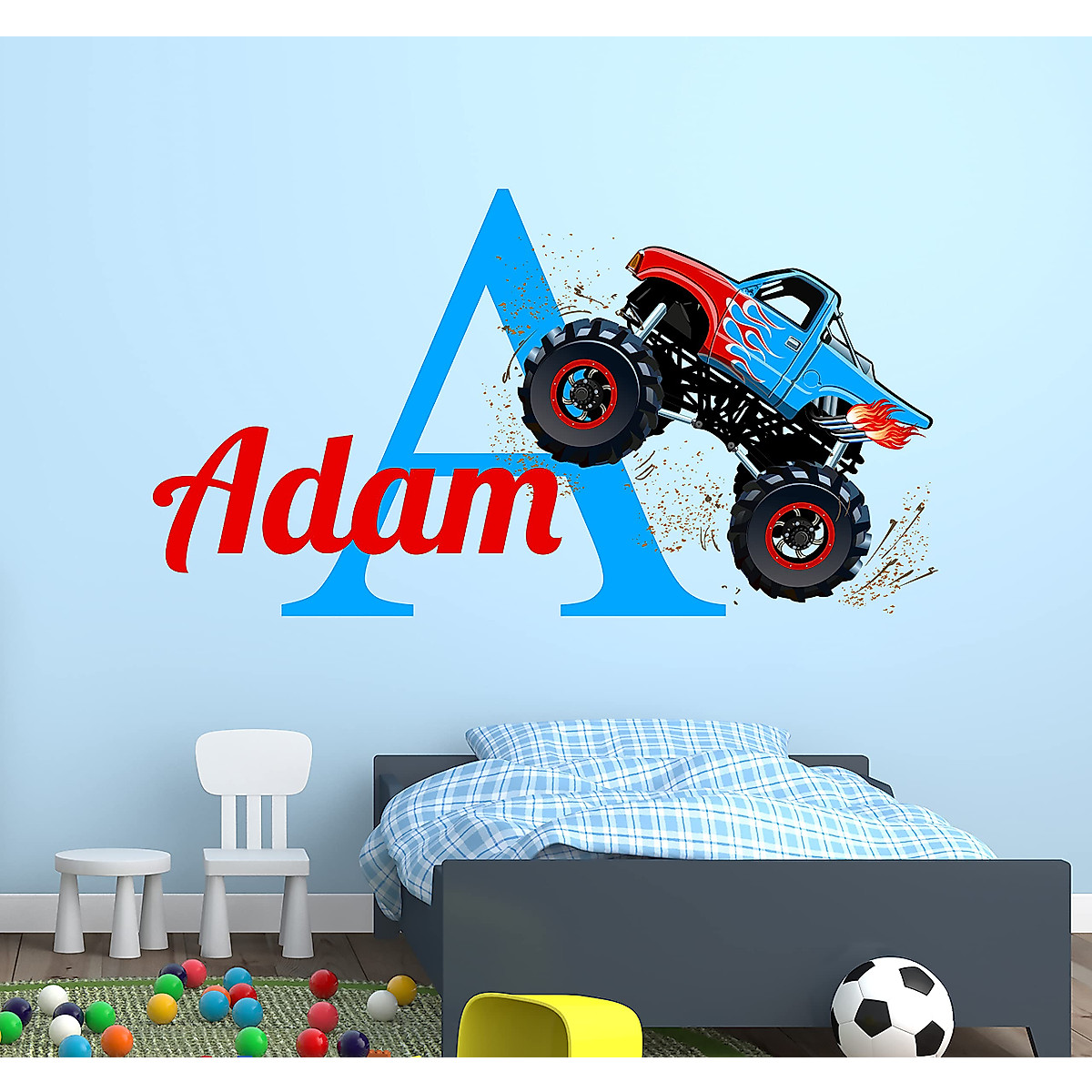 Decalzone Inc Personalized Monster Truck Wall Decal - Monster Truck Wall Decor - Nursery Monogram Truck Theme Kids Bedroom Decor Baby Boy Room Vinyl Sticker (34inchW x 18inchH)