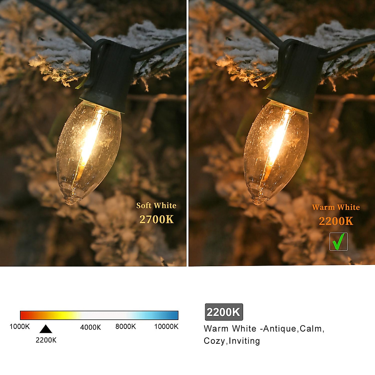 MEILUX Waterproof C9 Replacement LED Light Bulbs –0.6W Equivalent to 7W, White Warm 2200K Outdoor String Lights E17 Base LED Light Bulbs, Clear Plastic, 25Pack