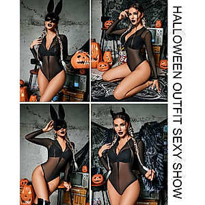 Avidlove Women's Sexy Mesh Long Sleeve Bodysuit Tops Sheer See Through Zipper Leotard Clubwear with Snap Crotch Black L