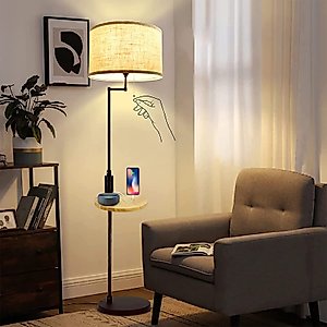 DLLT Living Room LED Floor Lamp- Standing Accent Light with USB Charging Port, Energy Saving, Tall Pole Lighting with Beside Table, Mid Century Contemporary Rooms Lamps, E26 Warm Lights,Fabric Shade