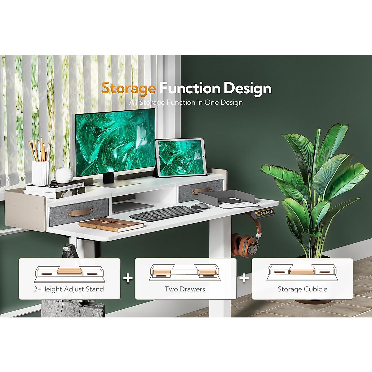 Claiks Standing Desk with Drawers, Stand Up Electric Standing Desk Adjustable Height, Sit Stand Desk with Storage Shelf and Splice Board, 55 Inch, White