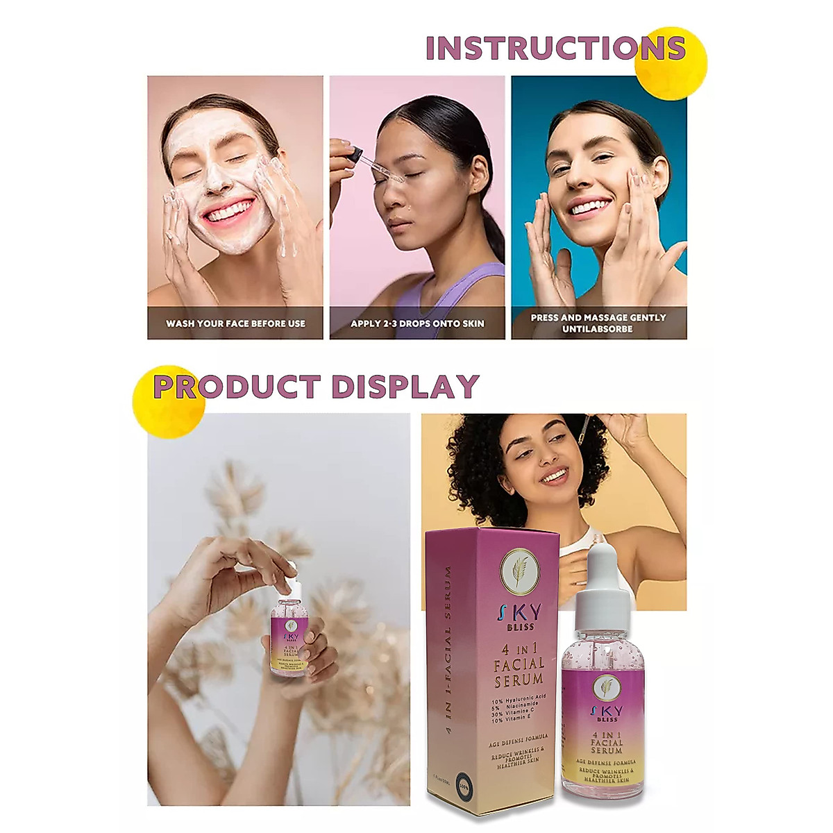 Sky Bliss Skin Serum | Hyaluronic acid | Vitamin C | Vitamin E | Niacinamide | Anti wrinkle | Face serum | Moisturizer | Anti aging | Skin care | 4 in 1 facial serum