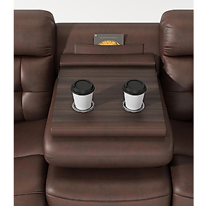 Familymill Genuine Leather Manual Reclining Sofa Couch with Drop Down Table, Stainless Steel Cupholders, and Magazine Bag for Living Room Home Theater Office