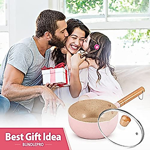 2.1 Quart Saucepan Set with Lid, Nonstick Aluminum Sauce Pot, Induction Compatible Small Cooking Pots with Silicone Spatulas for Milk, Soup, Pasta, Egg, Rice (PINK)