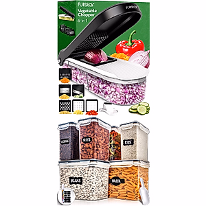 Fullstar Compact Vegetable Chopper and Storage Bins with Lids, Airtight food storage containers for Kitchen & Pantry organization. Includes Marker, Pen & Scoop (6 Pack)