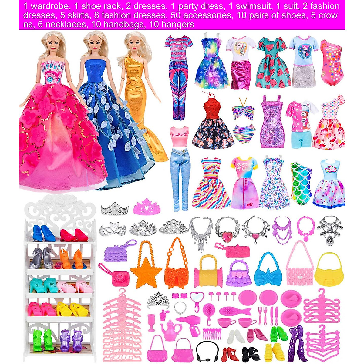 ebuddy 105 Pcs Doll Closet Wardrobe Set Closet Playest Toys Doll Clothes and Accessories for 11.5 Inch Girl Doll Including Wardrobe,Shoes Rack,Dress,Shoes Hangers,Necklace (No Doll)