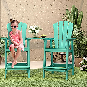 DIFY Outdoor Tall Adirondack Bar Set of 2, Patio Bar Stools with Umbrella Hole, HDPE Bar Height Chair Set for Deck Lawn Garden and Pool, Lake Blue