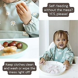 Zoe & Co Baby Bibs for Eating w/Food Catcher | Premium Soft Waterproof Bibs for Baby Led Weaning | Cute Toddler Bibs 1-3 years | Mess-proof Long Sleeve Bib | Baby Bib w/Adjustable Fit