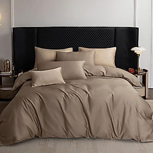 MooMee Bedding Duvet Cover Set Extra Long Staple Cotton 600 TC Egyptian Cotton Texture Silky Sateen Smooth Luxury Soft Comfortable Durable (Mocha Brown, Queen)