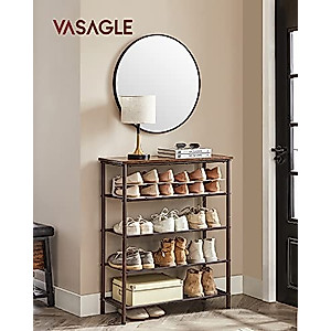 VASAGLE Shoe Rack 5 Tier, Narrow Shoe Organizer for Closet Entryway, with 4 Fabric Shelves and Top for Bags, Shoe Shelf, Steel Frame, Industrial, Rustic Brown and Bronze ULBS036A45