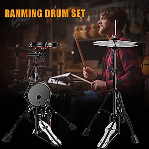 RANMING Practice Drum Pad Stand Kit Silent Drum Pad Set Drum Set Practice Kit with 1 Bass Drum Pedal,Hi-Hat Pedal,2 Drum stand,14 Inch Silent Cymbal,Dumb Drums for Beginners Adults (Black)