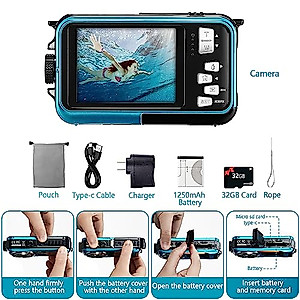 4K Waterproof Camera 11FT Underwater Camera with 32GB Card 48MP Autofocus Selfie Dual-Screen Underwater Cameras for Snorkeling, Waterproof Compact Digital Camera 1250mAh Battery（Blue）