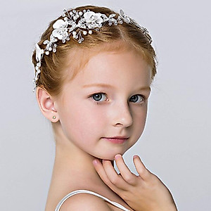 WILLBOND 2 Pieces Wedding Flower Crown Princess Wedding Headpiece Baptism Gift First Communion Headpiece for Girls Communion Veil Crystal Tiara for Girls Wedding and Flower Girls