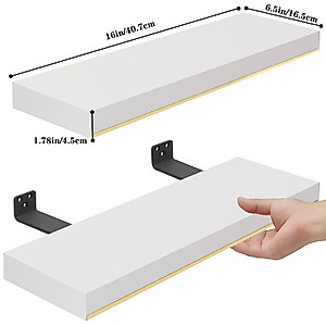 Thicked 1.78 inch Pine Wood White and Gold Shelves With Thicked 1/5 Inch Heavy Duty Bracket,16 ×6.5 Inch Gold Floating Shelves With Stainless Steel Trim Strip,White Gold Shelves for Wall set of 2
