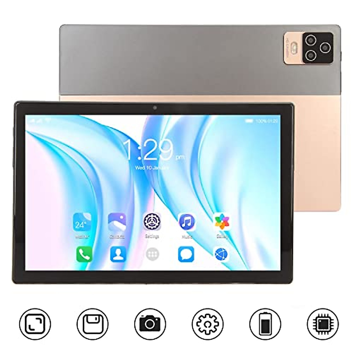 BROLEO 10.1 Inch Tablet Dual Camera 100-240V Gold 8GB RAM 256GB ROM Support FHD Tablet 5G WiFi 2 in 1 for Reading (US Plug)