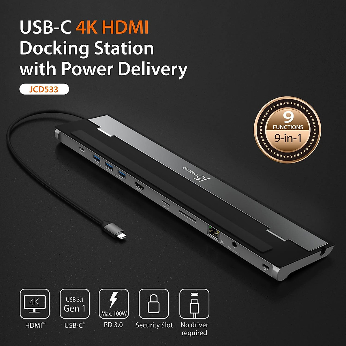 j5create USB-C 4K HDMI Docking Station (9-in-1), 4K HDMI, 5Gbps USB-A x3, Card Reader, PD 100W, Gigabit Ethernet, Combo Audio Jack, for MacBook, and Windows USB-C Laptop (JCD533)