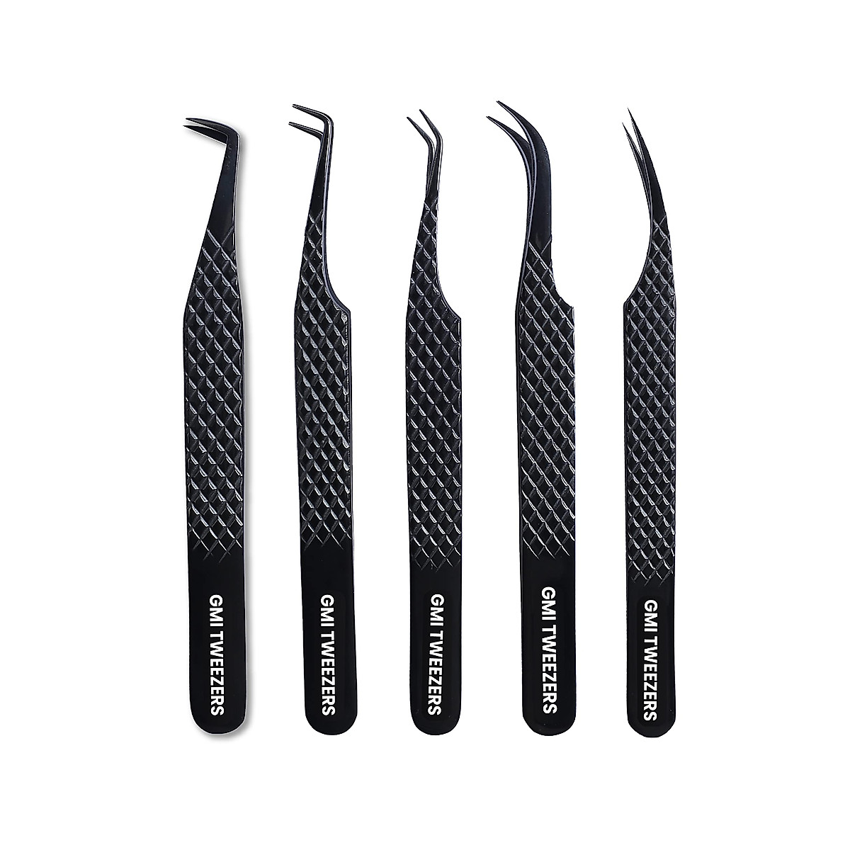 GMI Lash Tweezers - Set of 5 Eyelash Tweezers- Stainless Steel Eyelash Extension Tweezers - Multipurpose Lash Tweezers for Eyelash Extensions for Individual. (Black)