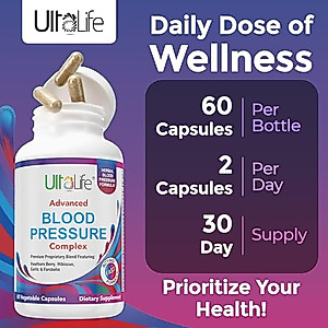 ULTALIFE Blood Pressure Supplements - Advanced Blood Pressure Supplement Complex - Hawthorn Berry, Hibiscus, Garlic, Forskolin - 14 Vitamins & Herbs, 30 Day Supply in Veggie Capsules