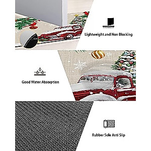 Christmas Red Truck Bath Mat for Tub,Non Slip Bathroom Floor Runner Rug Quick Dry & Absorbent Diatomaceous Earth Shower Sink Kitchen Washable Doormat,Farmhouse Pine Tree Berry Snowflake 16x24+16x47