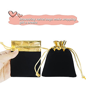 HRX Package Velvet Jewelry Bags 3x4 inch, 20pcs Black Gold Cloth Drawstring Pouches for Small Gift