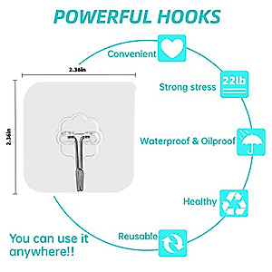 JEETAO Adhesive Hooks for Hanging Wall Hooks 22lbs(Max) Haning Hooks Transparent Reusable Seamless Hooks, Strong Bathroom Kitchen Hooks,24 Pack