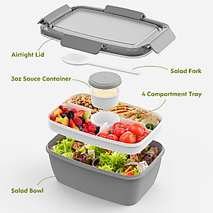 Cherrysea Salad Lunch Container, 68oz Salad Bowls with 4 Compartments Tray,Leak Proof Lunch Box with Fork for Men,Women BPA-Free Snack Container with Sauce Container for Dressings-Grey