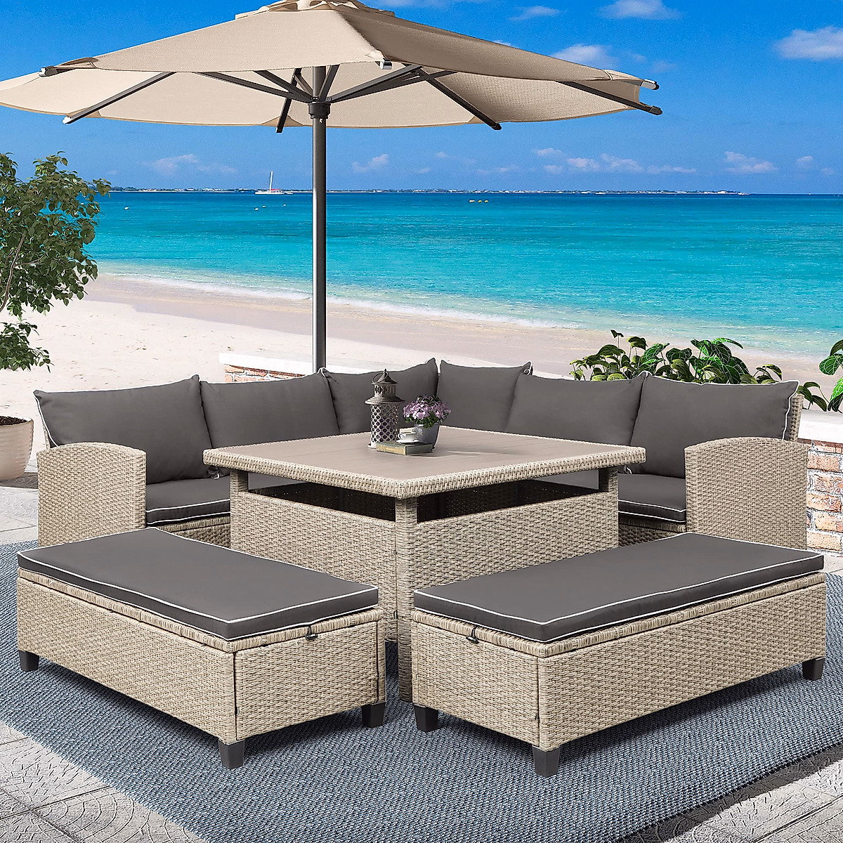 BIADNBZ Outdoor Weather Brown Rattan Wicker Sectional Couch Conversation Sofa Dining Table for Porch, Backyard, Garden, Poolside, 6-Piece Patio Furniture Set with Two Bench, Gray