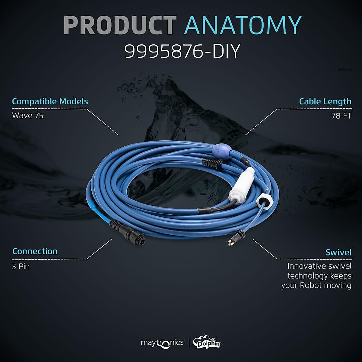 Dolphin Genuine Replacement Part — Durable 78 FT Blue Cable with Swivel for Tangle-Free Operation — 9995876-DIY