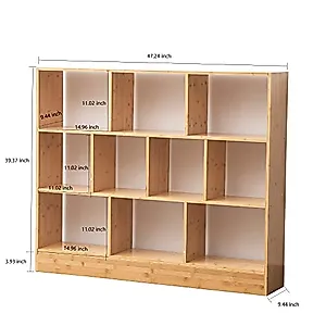 Maydear Bookcase 10 Cube Bookshelves with Base, 3-Tier Bamboo Freestanding Bookcase Storage Organizer Open Shelf Display Cabinet for Bedroom, Living Room, Kitchen and Office Storage Shelves