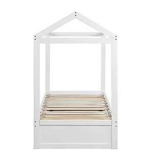 House Bed with Trundle, Twin Size House Bed Frame w/Roof for Kids Boys Girls Teens,Can Be Decorated,Wood Slat Support/No Box Spring Required,White