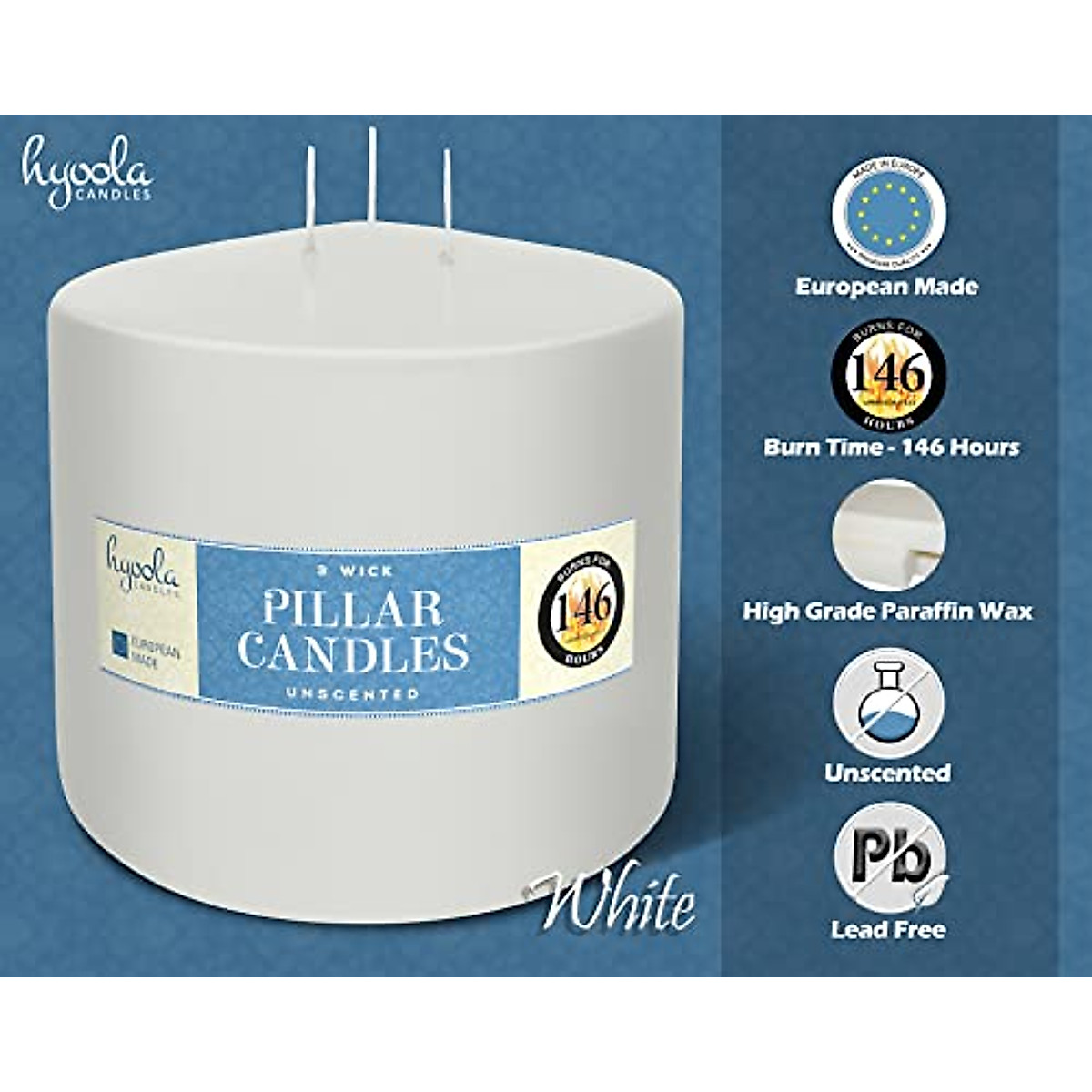 HYOOLA White Three Wick Large Candle - 6 x 6 Inch - Unscented Big Pillar Candles - 146 Hour - European Made