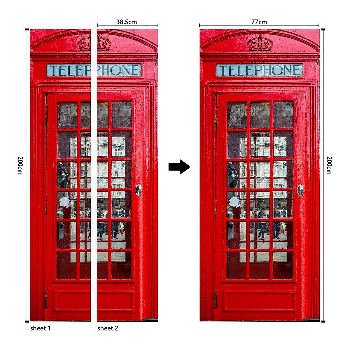 XIANGJUN Door Sticker Decor Removable Mural Wallpaper of PVC Art Sticker, London Red Phone Booth Wall Decal Art 3D Wallpaper