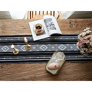 vgunama Boho Table Runner with Tassel 13.5x71Inch, Farmhouse Style Woven Table Runners, Linen Table Runner for Bedroom Party (Black and White)