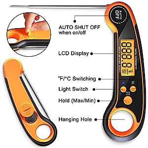 QP Meat Thermometer, Waterproof Instant Read Food Thermometer, Folding Probe Digital Thermometer for Cooking with Backlight & Magnet, for Oil Deep Frying, Baking, Outdoor Cooking, Grilling, BBQ