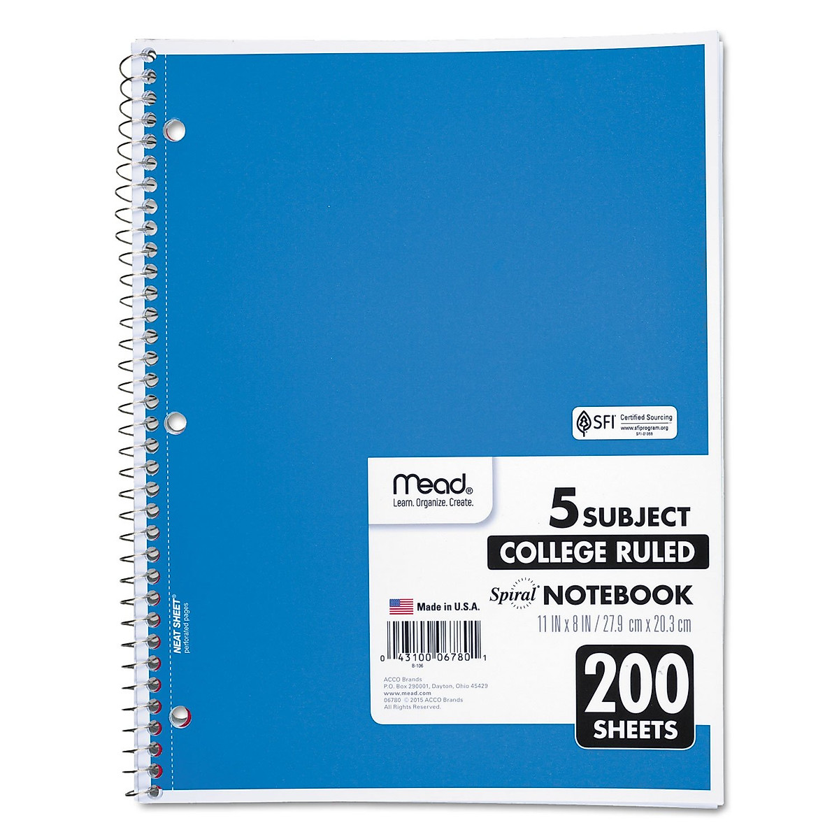 Mead Spiral Notebook, College Ruled Paper, 11" x 8", 200 Sheets, Assorted Colors, 1 Count (06780)
