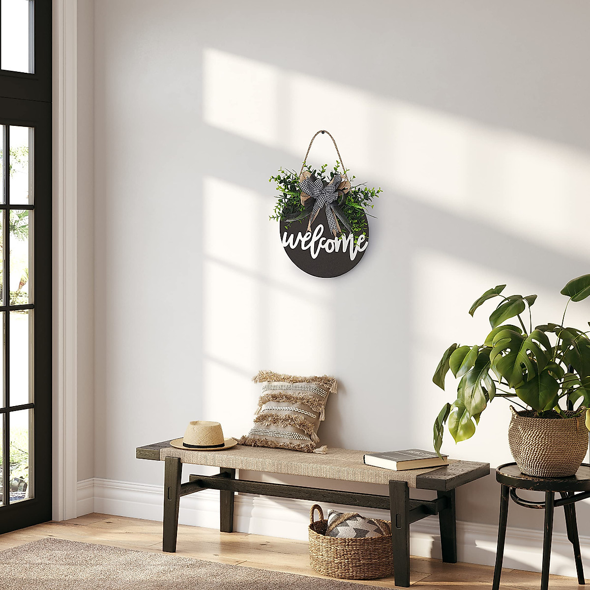 Welcome Sign Welcome Front Door Round Wood Sign Hanging Welcome Sign for Farmhouse porch Spring Welcome Sign Front Door Decoration （Blackboard welcome） (Black Hello, Black 12 inches)