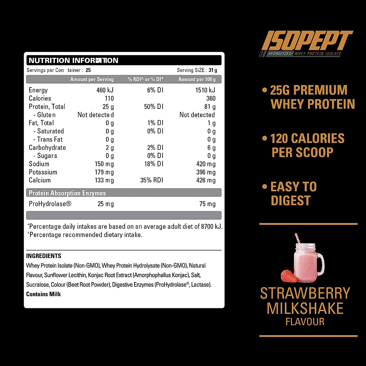 IsoPept Hydrolyzed Whey Protein Powder by EHPlabs - 100% Whey Protein Isolate & Hydrolysate, 27g of Protein, Non-GMO, Gluten Free, Fast Absorbing, Easy Digesting, 27 Serves (Strawberry Milkshake)
