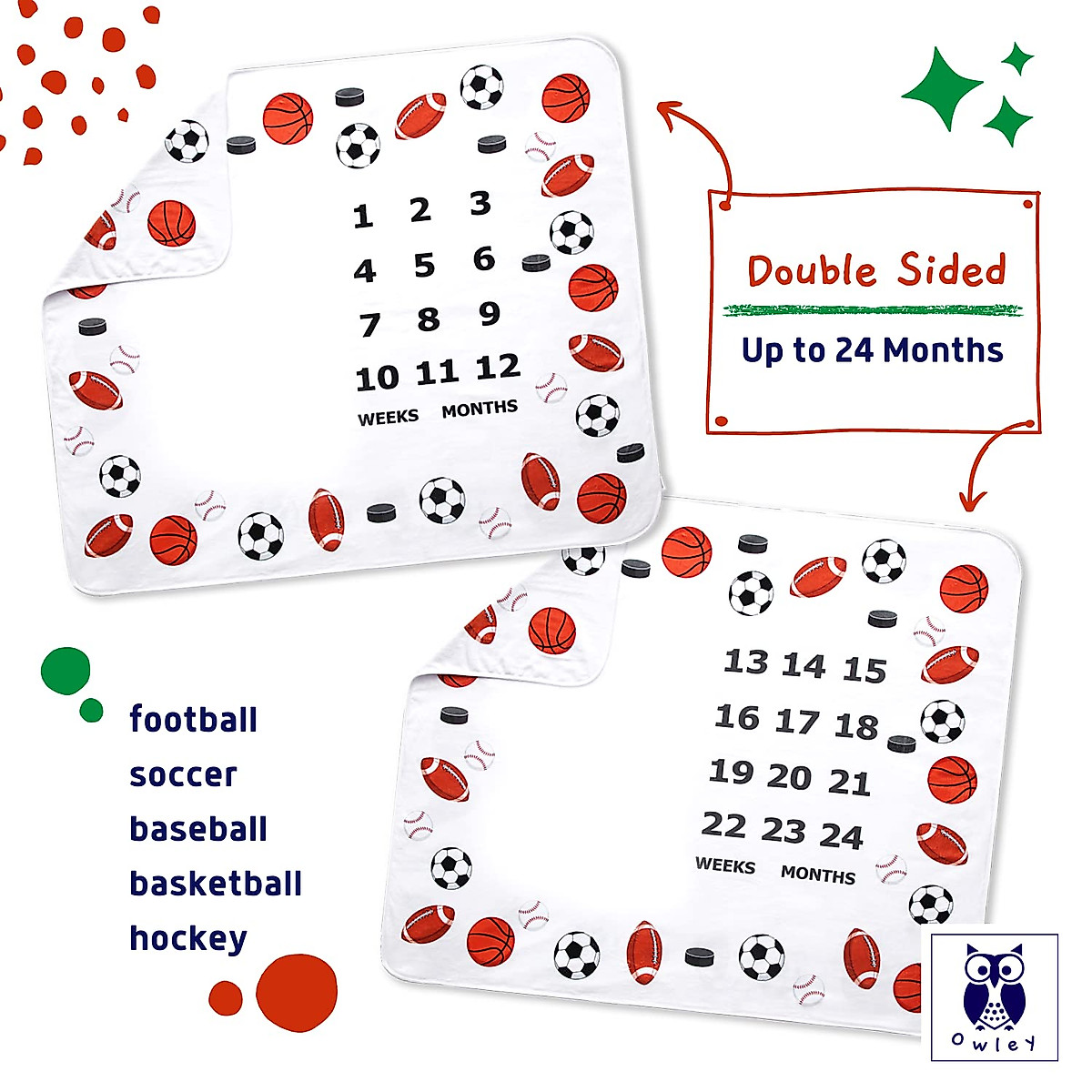 OWLEY Monthly Milestone Blanket for Newborns to Toddlers, Double Sided 1-24 Weeks or Months, Oversized 60x50 in, Perfect Unisex Gift for Baby Showers, Sports Fans’ Birthdays, Baby Boys, Girls