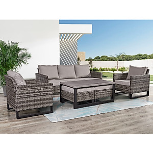 HUMMUH 6 Piece Patio Furniture All Weater Wicker Outdoor Sectional Sofa,High Back Patio Chairs,Coffee Table and Ottomans Set for Porch,Garden,Backyard
