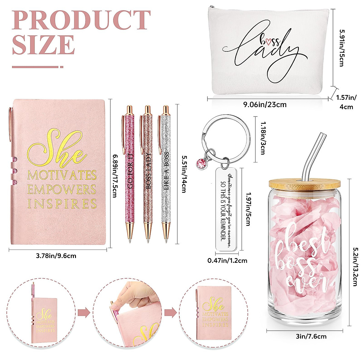 SiliFine 7 Pcs Boss Day Gift Sets Lady Thank You Gifts for Women Best Boss 16oz Glass Cup Makeup Bag Keychain A6 Notepad with 3 Ballpoints Pen Lady Leader Appreciation Day Christmas Favor(Pink)