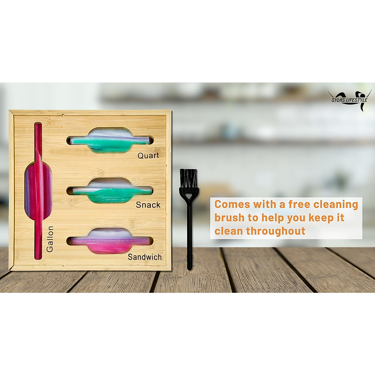 SYLAS LIFESTYLE Bamboo ziplock Bag Organizer – Kitchen drawer organizers and storage for Ziplock bags, Sandwich, Gallon, Quart, and Snack Bags included with a Cleaning Brush