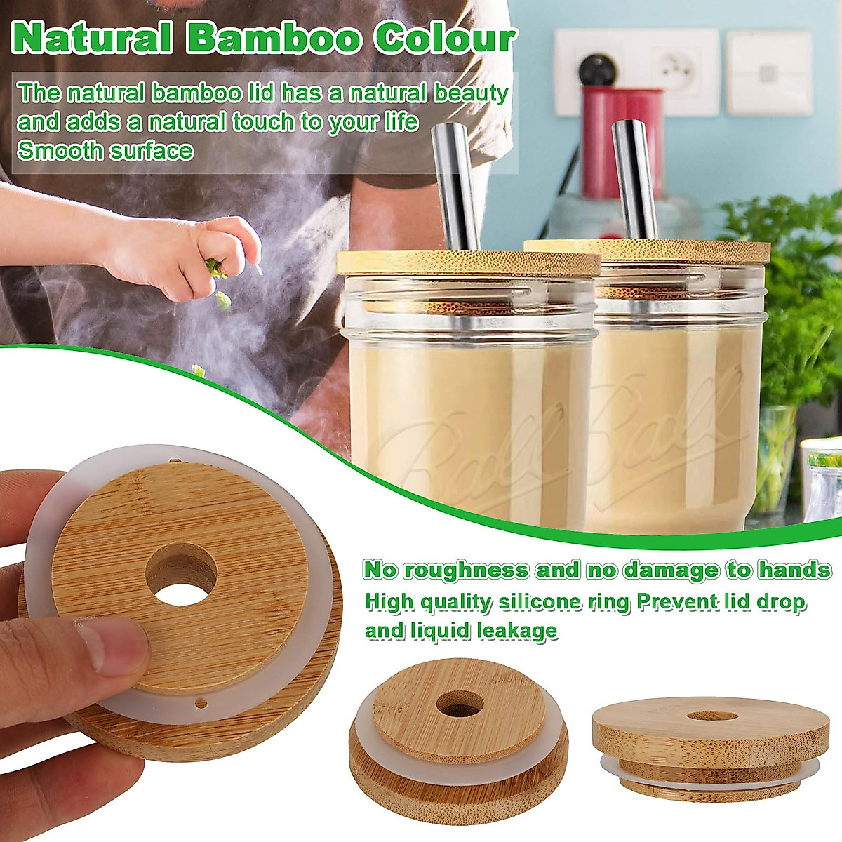 MIVIDE 16 Pack Bamboo Lids for Beer Can Glass, Leakproof Reusable Jar Lids with Straw Hole, 70mm Natural Wooden Bamboo Lids for Mugs and Jars