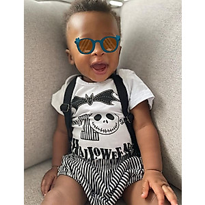 My First Halloween Outfit Baby Boy Newborn Gentleman Suspender Romper and Skull Bottom Halloween Clothing (Skull Striped, 0-3 Months)