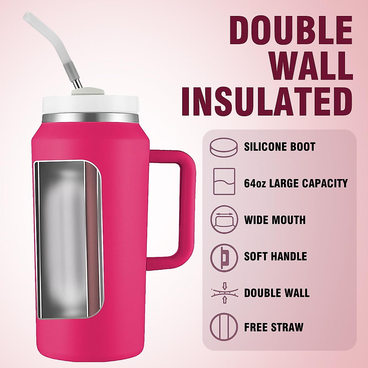 PlanetFlame 64oz Insulated Tumbler with Handle, Stainless Steel Double Wall Vacuumn Water Bottle, Lid and Straw for School, Gym, Hiking & Camping, Hot Pink