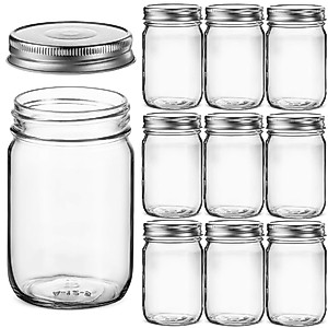 Glass Regular Mouth Mason Jars, Glass Jars with Silver Metal Airtight Lids for Meal Prep, Food Storage, Canning, Drinking, Overnight Oats, Jelly, Dry Food, Spices, Salads, Yogurt (10 Pack) (12 Ounce)