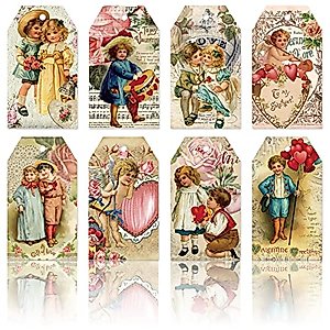 Whaline 120 Pcs Vintage Valentine's Day Gift Tags with Hemp Rope Retro Valentine Paper Tags Pre-Punched Hanging Labels for Valentine's Day Wedding Anniversary DIY Crafts Party Favor Supplies