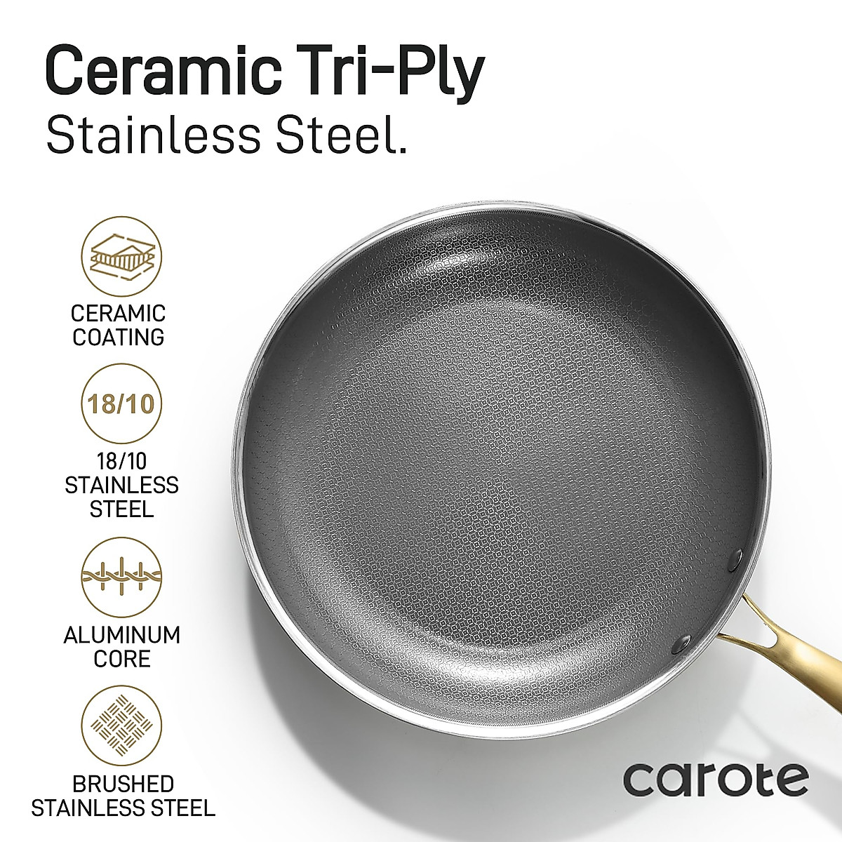 CAROTE Ceramic Tri-Ply Stainless Steel Cookware Set, 10Pcs Stainless Steel Pots and Pans with Tempered Glass Lids, Stay-Cool Handles, Dishwasher and Oven Safe up to 500°F